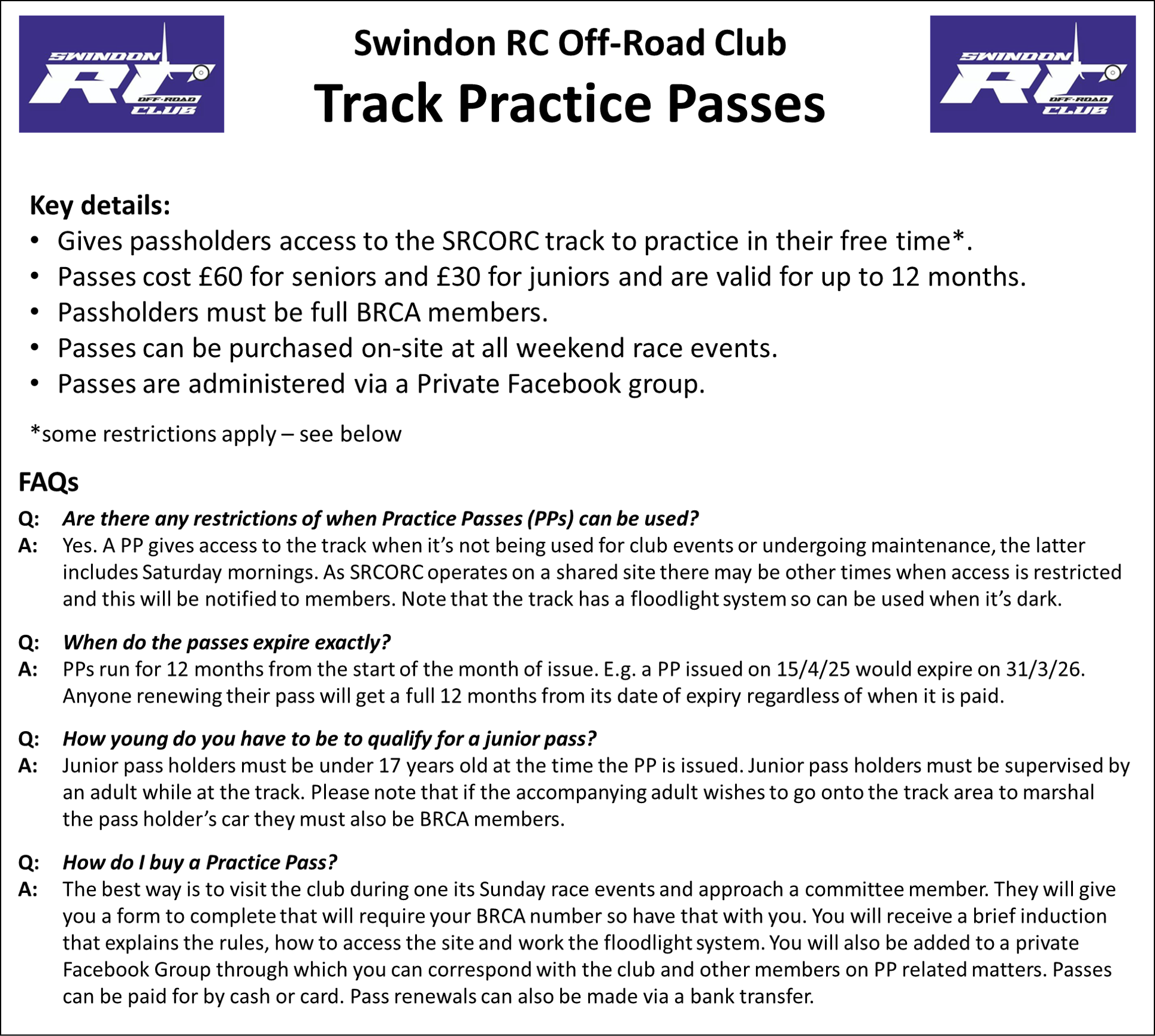 Track Practice Passes – Swindon RC Off-Road Club